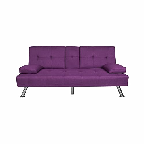 Eafurn Convertible Futon Bed, Soft Upholstered Loveseat Adjustable Sleeper, Button Tufted Sofa & Couch with Removable Pillow Top Armrests and 2 Cup Holders, Purple Polyester A