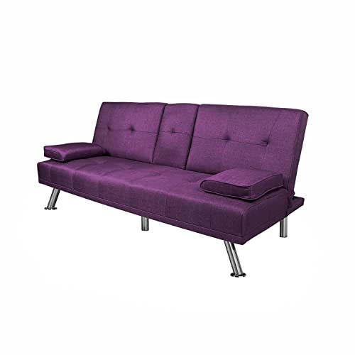 Eafurn Convertible Futon Bed, Soft Upholstered Loveseat Adjustable Sleeper, Button Tufted Sofa & Couch with Removable Pillow Top Armrests and 2 Cup Holders, Purple Polyester A