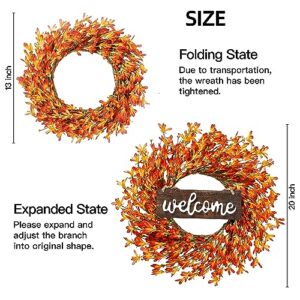 Sggvecsy Artificial Fall Wreath 20’’ Autumn Front Door Wreath Harvest Wreath with Forsythia Flowers Orange Berries Welcome Sign for Outside Indoor Wall Window Festival Thanksgiving Fall Autumn Decor