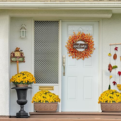 Sggvecsy Artificial Fall Wreath 20’’ Autumn Front Door Wreath Harvest Wreath with Forsythia Flowers Orange Berries Welcome Sign for Outside Indoor Wall Window Festival Thanksgiving Fall Autumn Decor