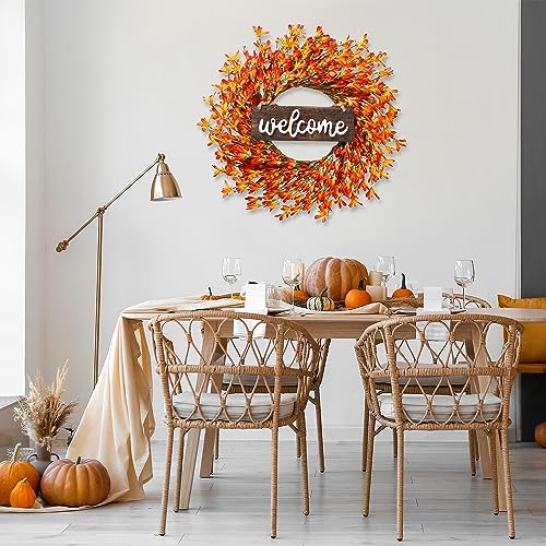 Sggvecsy Artificial Fall Wreath 20’’ Autumn Front Door Wreath Harvest Wreath with Forsythia Flowers Orange Berries Welcome Sign for Outside Indoor Wall Window Festival Thanksgiving Fall Autumn Decor