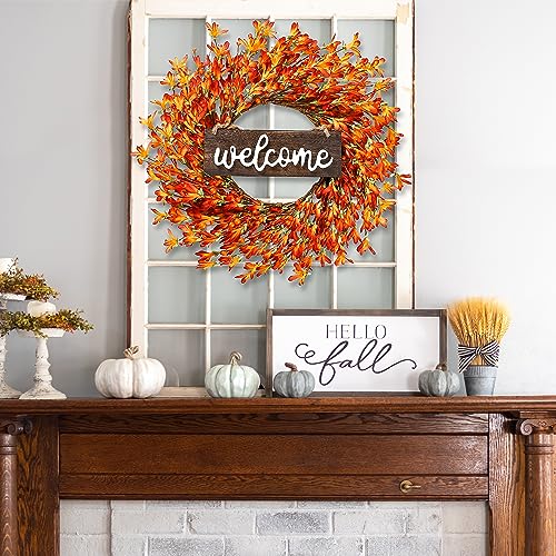 Sggvecsy Artificial Fall Wreath 20’’ Autumn Front Door Wreath Harvest Wreath with Forsythia Flowers Orange Berries Welcome Sign for Outside Indoor Wall Window Festival Thanksgiving Fall Autumn Decor