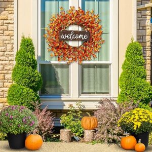 Sggvecsy Artificial Fall Wreath 20’’ Autumn Front Door Wreath Harvest Wreath with Forsythia Flowers Orange Berries Welcome Sign for Outside Indoor Wall Window Festival Thanksgiving Fall Autumn Decor