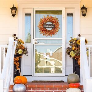 Sggvecsy Artificial Fall Wreath 20’’ Autumn Front Door Wreath Harvest Wreath with Forsythia Flowers Orange Berries Welcome Sign for Outside Indoor Wall Window Festival Thanksgiving Fall Autumn Decor