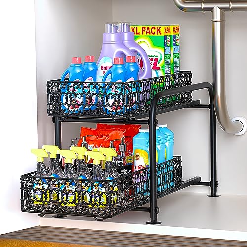 FORESTSUN Cabinet Pull Out Organizer, 2-Tier Under Sink Organizer with Sliding Storage Drawer, Non-slip Metal Pull Out Shelves for Bathroom, Kitchen,Cabinets, Countertops