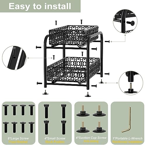 FORESTSUN Cabinet Pull Out Organizer, 2-Tier Under Sink Organizer with Sliding Storage Drawer, Non-slip Metal Pull Out Shelves for Bathroom, Kitchen,Cabinets, Countertops