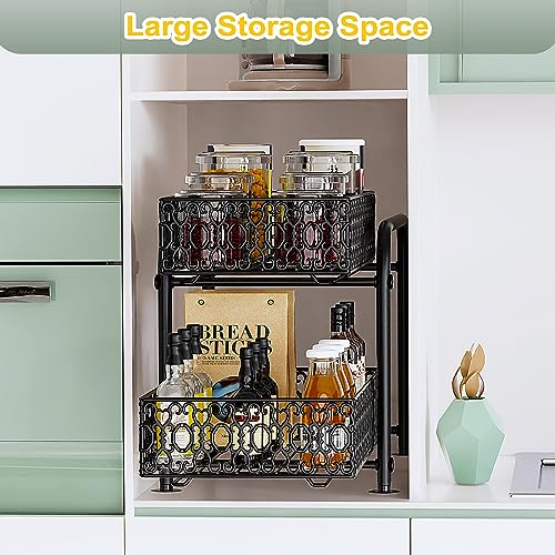 FORESTSUN Cabinet Pull Out Organizer, 2-Tier Under Sink Organizer with Sliding Storage Drawer, Non-slip Metal Pull Out Shelves for Bathroom, Kitchen,Cabinets, Countertops