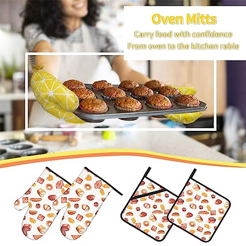 Painted Bread Oven Mitts and Pot Holders Sets 4pcs Heat Resistant Waterproof for Cooking Baking Grilling