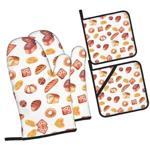 Painted Bread Oven Mitts and Pot Holders Sets 4pcs Heat Resistant Waterproof for Cooking Baking Grilling