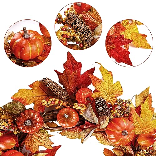 Sggvecsy Artificial Fall Wreath 18’’ Autumn Front Door Wreath Harvest Wreath with Various Pumpkin Cluster of Berries Maple Leaves Pine Cones for Outside Indoor Wall Thanksgiving Fall Autumn Decor