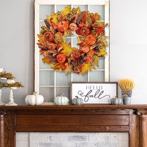 Sggvecsy Artificial Fall Wreath 18’’ Autumn Front Door Wreath Harvest Wreath with Various Pumpkin Cluster of Berries Maple Leaves Pine Cones for Outside Indoor Wall Thanksgiving Fall Autumn Decor