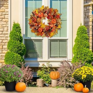 Sggvecsy Artificial Fall Wreath 18’’ Autumn Front Door Wreath Harvest Wreath with Various Pumpkin Cluster of Berries Maple Leaves Pine Cones for Outside Indoor Wall Thanksgiving Fall Autumn Decor