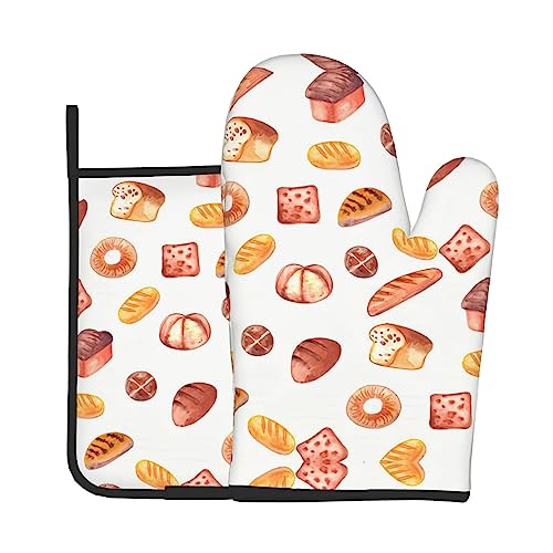 Painted Bread Oven Mitts and Pot Holders Sets 2pcs Heat Resistant Waterproof for Cooking Baking Grilling