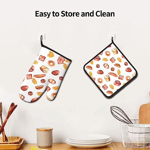 Painted Bread Oven Mitts and Pot Holders Sets 2pcs Heat Resistant Waterproof for Cooking Baking Grilling