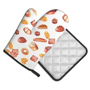 Painted Bread Oven Mitts and Pot Holders Sets 2pcs Heat Resistant Waterproof for Cooking Baking Grilling