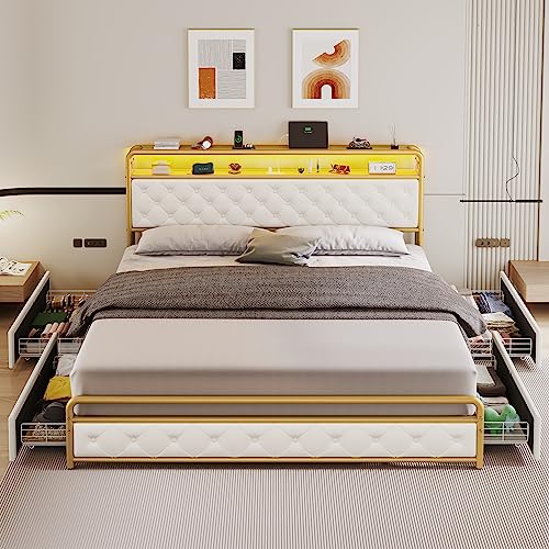 BTHFST Full Size Bed Frame with Built-in LED Light Headboard & Storage Drawers, USB Ports & Outlets, Upholstered Platform Bed Frame with Diamonds Tufting, Mattress Foundation, Creamy White & Gold