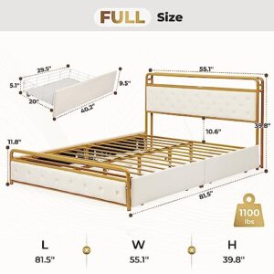 BTHFST Full Size Bed Frame with Built-in LED Light Headboard & Storage Drawers, USB Ports & Outlets, Upholstered Platform Bed Frame with Diamonds Tufting, Mattress Foundation, Creamy White & Gold