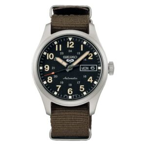 seiko 5 sport srpj85 olive green nylon automatic watch, black