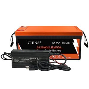 chins bluetooth lifepo4 battery smart 48v 100ah lithium battery, includes 48v 10a lithium battery charger, perfect for golf cart, trolling motor, marine, peak current 500a