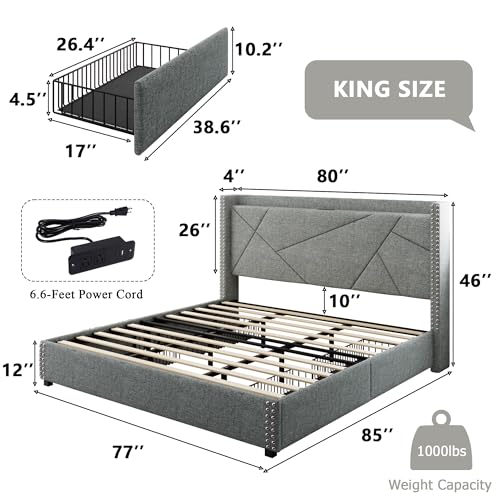 Feonase King Size Bed Frame with 4 Storage Drawers, Upholstered Platform Bed Frame with Charging Station & Wingback Headboard, Solid Wood Slats Support, No Box Spring Needed, Noise-Free, Light Gray