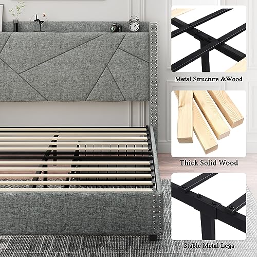 Feonase King Size Bed Frame with 4 Storage Drawers, Upholstered Platform Bed Frame with Charging Station & Wingback Headboard, Solid Wood Slats Support, No Box Spring Needed, Noise-Free, Light Gray