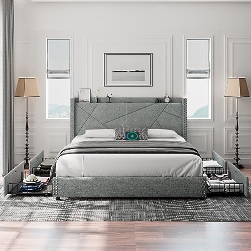 Feonase King Size Bed Frame with 4 Storage Drawers, Upholstered Platform Bed Frame with Charging Station & Wingback Headboard, Solid Wood Slats Support, No Box Spring Needed, Noise-Free, Light Gray