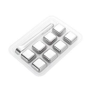 8 pieces stainless steel whiskey cooling stone, reusable ice cube, high cooling technologyfor whiskey, vodka, liqueur, wine, beverage juice or soda, tray with clamps and ice cube