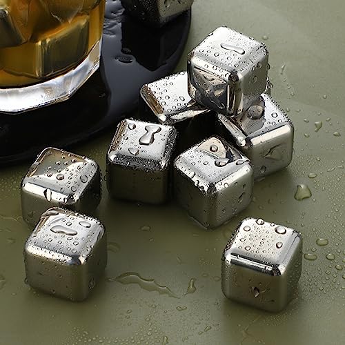 8 Pieces Stainless Steel Whiskey Cooling Stone, Reusable Ice Cube, High Cooling TechnologyFor Whiskey, Vodka, Liqueur, Wine, Beverage Juice Or Soda, Tray With Clamps and Ice Cube