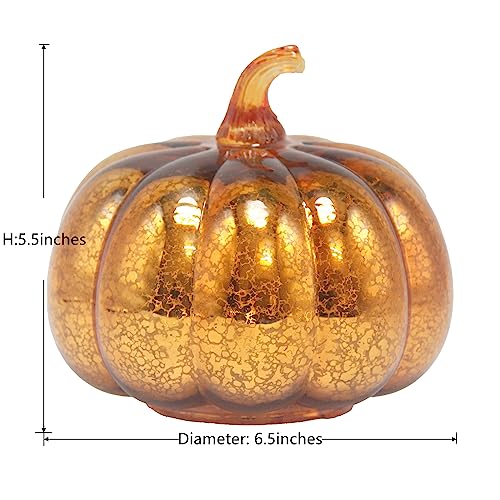 CFDECOR Mercury Glass Pumpkin Light with Timer, with 10 Fairy Lights Inside, Battery Operated Led Pumpkin Light, Ideal for Halloween Fall Decoration, Thanksgiving Rustic Decor, Xmas Decor(Gold2)