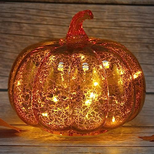 CFDECOR Mercury Glass Pumpkin Light with Timer, with 10 Fairy Lights Inside, Battery Operated Led Pumpkin Light, Ideal for Halloween Fall Decoration, Thanksgiving Rustic Decor, Xmas Decor(Gold2)