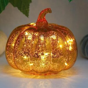 CFDECOR Mercury Glass Pumpkin Light with Timer, with 10 Fairy Lights Inside, Battery Operated Led Pumpkin Light, Ideal for Halloween Fall Decoration, Thanksgiving Rustic Decor, Xmas Decor(Gold2)