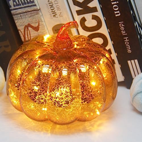 CFDECOR Mercury Glass Pumpkin Light with Timer, with 10 Fairy Lights Inside, Battery Operated Led Pumpkin Light, Ideal for Halloween Fall Decoration, Thanksgiving Rustic Decor, Xmas Decor(Gold2)