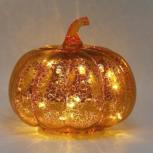 CFDECOR Mercury Glass Pumpkin Light with Timer, with 10 Fairy Lights Inside, Battery Operated Led Pumpkin Light, Ideal for Halloween Fall Decoration, Thanksgiving Rustic Decor, Xmas Decor(Gold2)