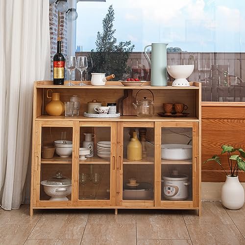 ZHUMUJIAJU Sideboard Buffet Cabinet, Modern Buffet Sideboard with Storage, Console Server Table with Doors & Shelf, Bamboo Coffee Bar Cabinet for Dinning Room