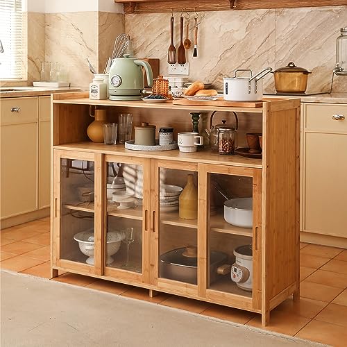 ZHUMUJIAJU Sideboard Buffet Cabinet, Modern Buffet Sideboard with Storage, Console Server Table with Doors & Shelf, Bamboo Coffee Bar Cabinet for Dinning Room