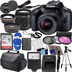 canon eos 4000d dslr (rebel t100) w/ 18-55mm zoon lens kit |18 megapixels cmos | hd video + wide angle lens + telephoto lens, 64gb memory, 3pc filter kit, case, tripod + more (31pc bundle), black