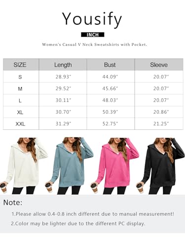 Womens Oversized Sweatshirt V Neck Long Sleeve Hoodie Lightweight Pullover Tops with Pockets White