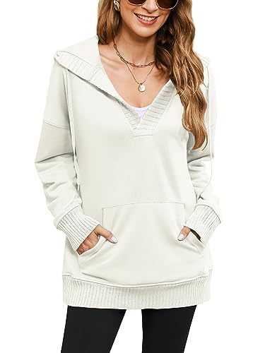 Womens Oversized Sweatshirt V Neck Long Sleeve Hoodie Lightweight Pullover Tops with Pockets White