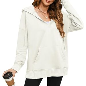 Womens Oversized Sweatshirt V Neck Long Sleeve Hoodie Lightweight Pullover Tops with Pockets White