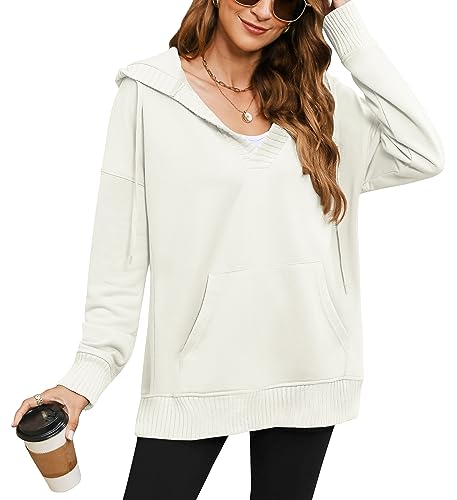 Womens Oversized Sweatshirt V Neck Long Sleeve Hoodie Lightweight Pullover Tops with Pockets White