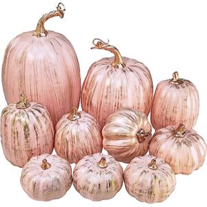 winlyn 10 pcs assorted artificial gold brushed pink pumpkins rustic decorative pumpkins foam pumpkins for farmhouse fall wedding baby shower halloween tabletop centerpiece mantel decoration