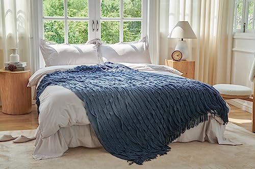 Esterra Knitted Farmhouse Throw Blanket with Braided Tassels, Stylish Ruffle Warm Cozy Breathable, All Season Super Soft Boho Throw for Home Decorative Bed Couch Sofa (Indigo Ombre 50"x70")