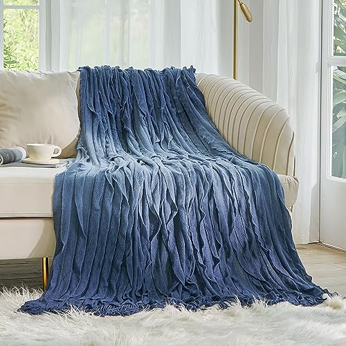 Esterra Knitted Farmhouse Throw Blanket with Braided Tassels, Stylish Ruffle Warm Cozy Breathable, All Season Super Soft Boho Throw for Home Decorative Bed Couch Sofa (Indigo Ombre 50"x70")