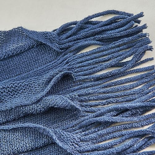 Esterra Knitted Farmhouse Throw Blanket with Braided Tassels, Stylish Ruffle Warm Cozy Breathable, All Season Super Soft Boho Throw for Home Decorative Bed Couch Sofa (Indigo Ombre 50"x70")