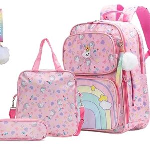 Uamdrup Pink Rainbow Unicorn Backpack For Girls,Kids GIrls Backapck With Lunch Box,16Inch Bookbag Schoolbag With Pencil Case Tote Bag