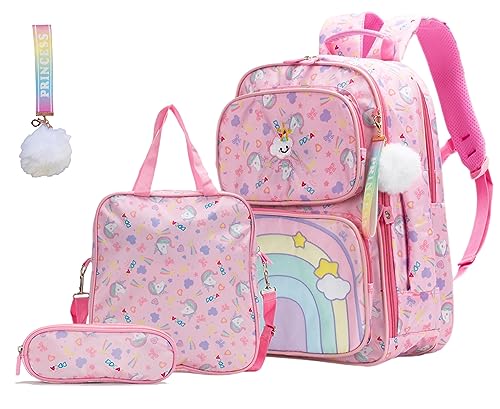 Uamdrup Pink Rainbow Unicorn Backpack For Girls,Kids GIrls Backapck With Lunch Box,16Inch Bookbag Schoolbag With Pencil Case Tote Bag