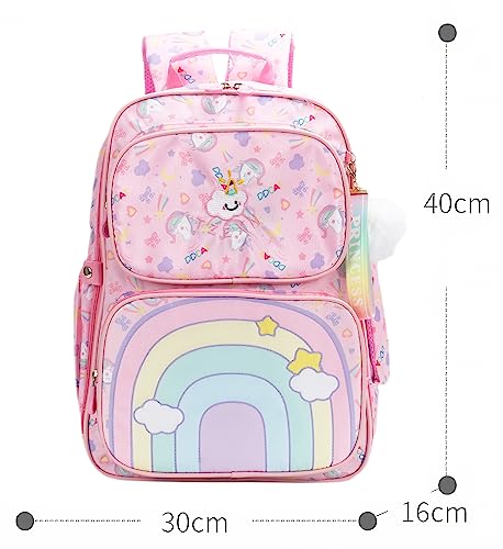 Uamdrup Pink Rainbow Unicorn Backpack For Girls,Kids GIrls Backapck With Lunch Box,16Inch Bookbag Schoolbag With Pencil Case Tote Bag