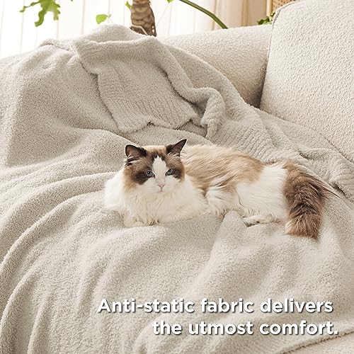 Bedsure Super Soft Knit Throw Blanket - Warm Cozy Reversible Beige Blanket, Fluffy Fuzzy Plush Lightweight Blanket for Couch Sofa Bed (50" x 60")