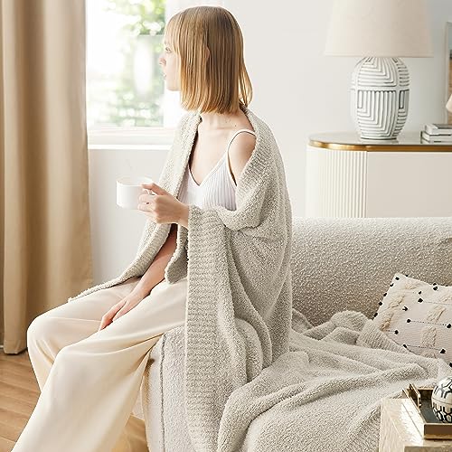 Bedsure Super Soft Knit Throw Blanket - Warm Cozy Reversible Beige Blanket, Fluffy Fuzzy Plush Lightweight Blanket for Couch Sofa Bed (50" x 60")