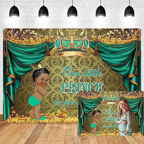 Renaiss 5x3ft Prince Baby Shower Backdrop Royal Green Curtain Gold Crown Photography Background Our Litlle Prince is on The Way Banner Newborn Boy Gender Reveal Party Decor Photo Studio Booth Props